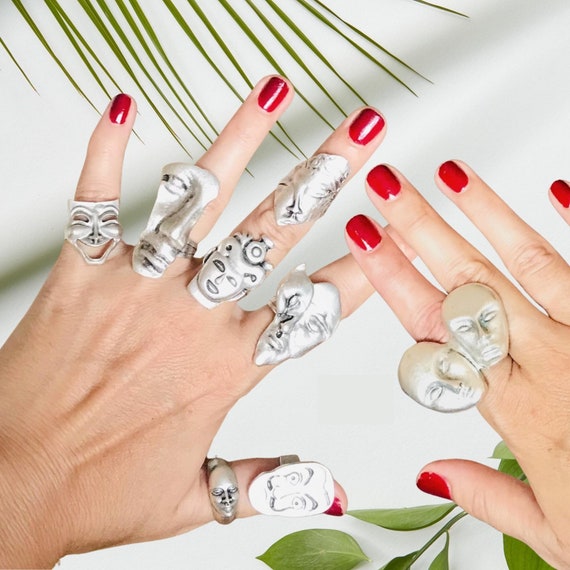 Sterling Silver Abstract Face Ring Human Face Adjustable Ring - Etsy