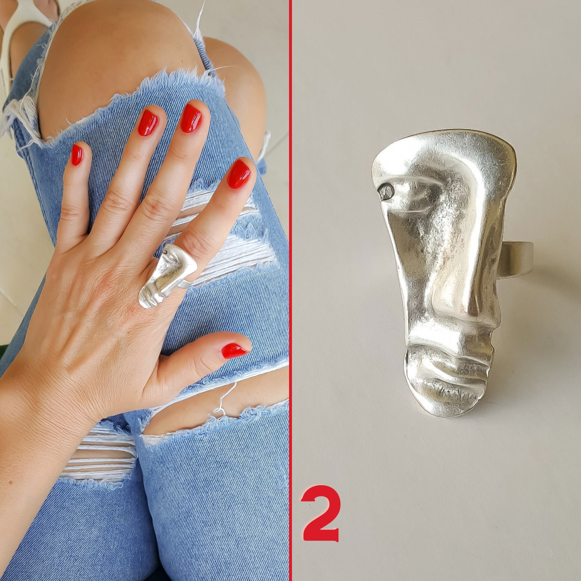 Sterling Silver Abstract Face Ring Human Face Adjustable Ring | Etsy