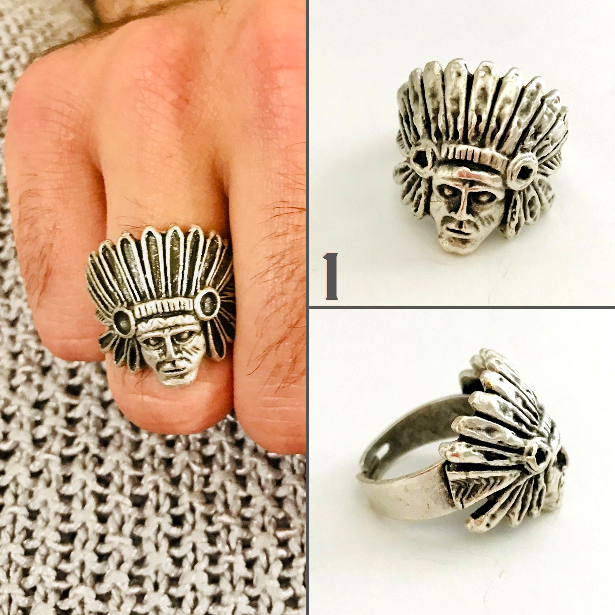Mens Indian Chief Head Adjustable Silver Ring American Indian | Etsy