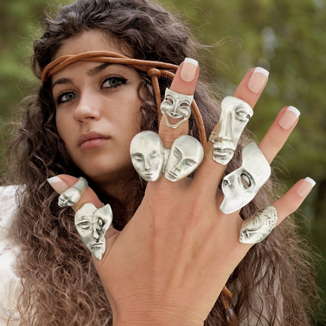 Sterling Silver Abstract Face Ring Human Face Adjustable Ring Drama ...