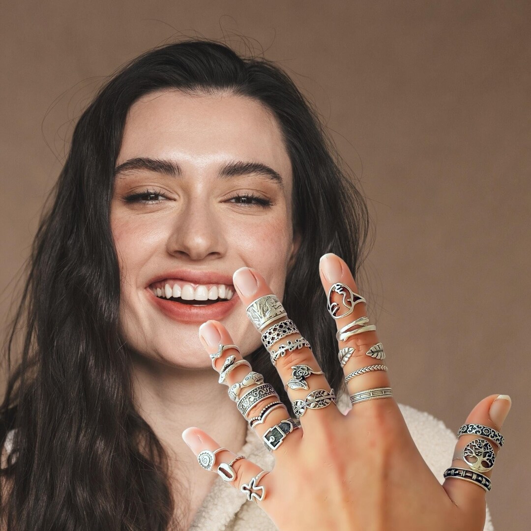 Silver Ring Set Stackable Minimalist Knuckle Adjustable Ring Midi Boho ...