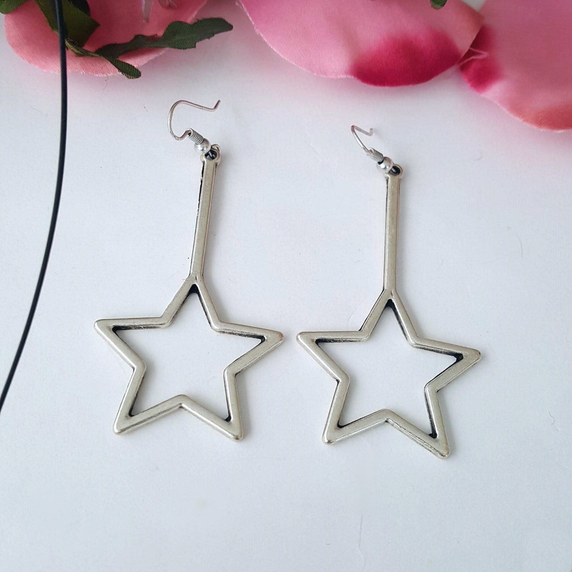 Sterling Silver Big Star Drop Dangle Earrings Open Star Dangle - Etsy UK