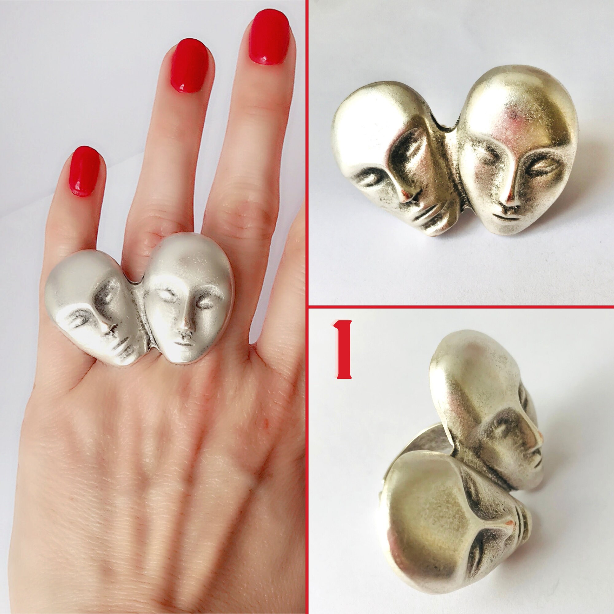 Sterling Silver Abstract Face Ring Human Face Adjustable Ring | Etsy