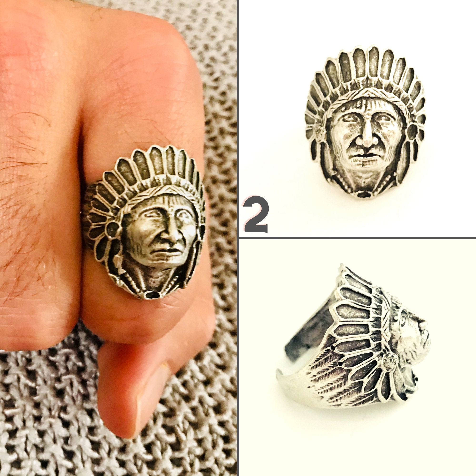 Mens Indian Chief Head Adjustable Silver Ring American Indian | Etsy