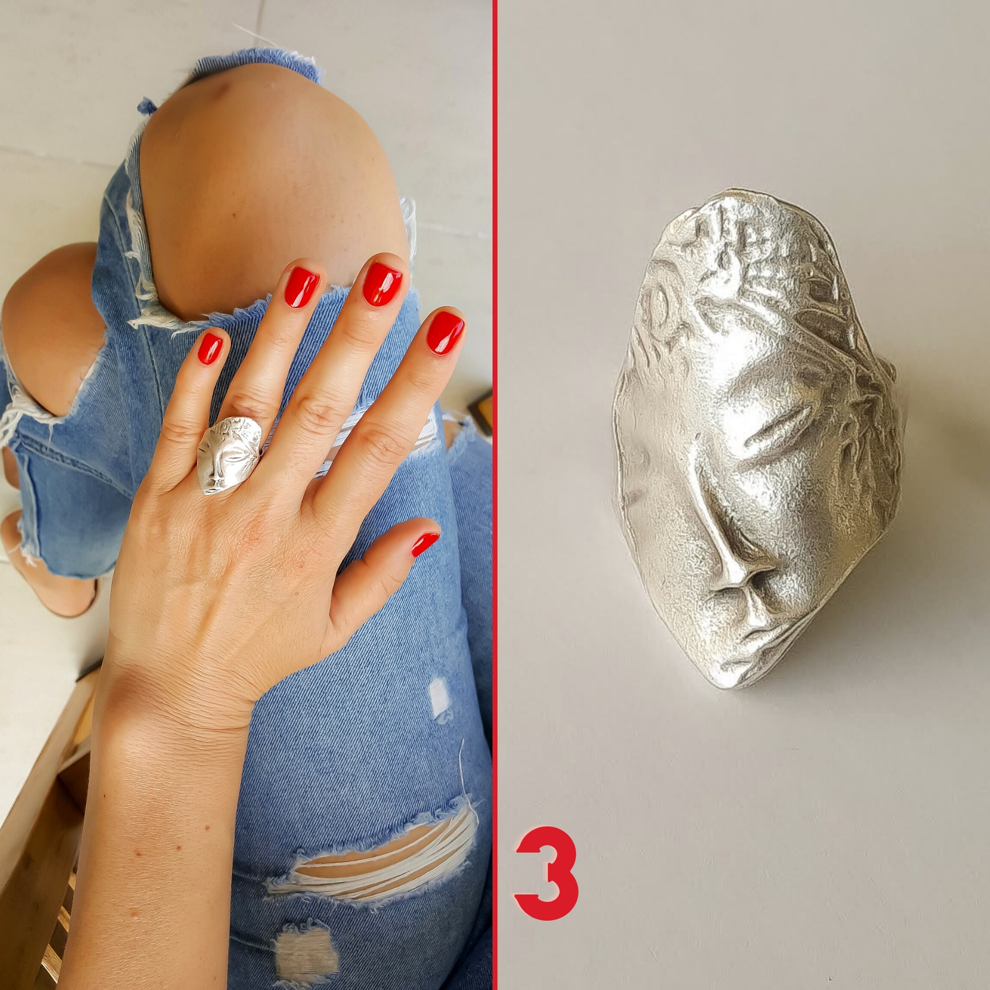 Sterling Silver Abstract Face Ring Human Face Adjustable Ring | Etsy