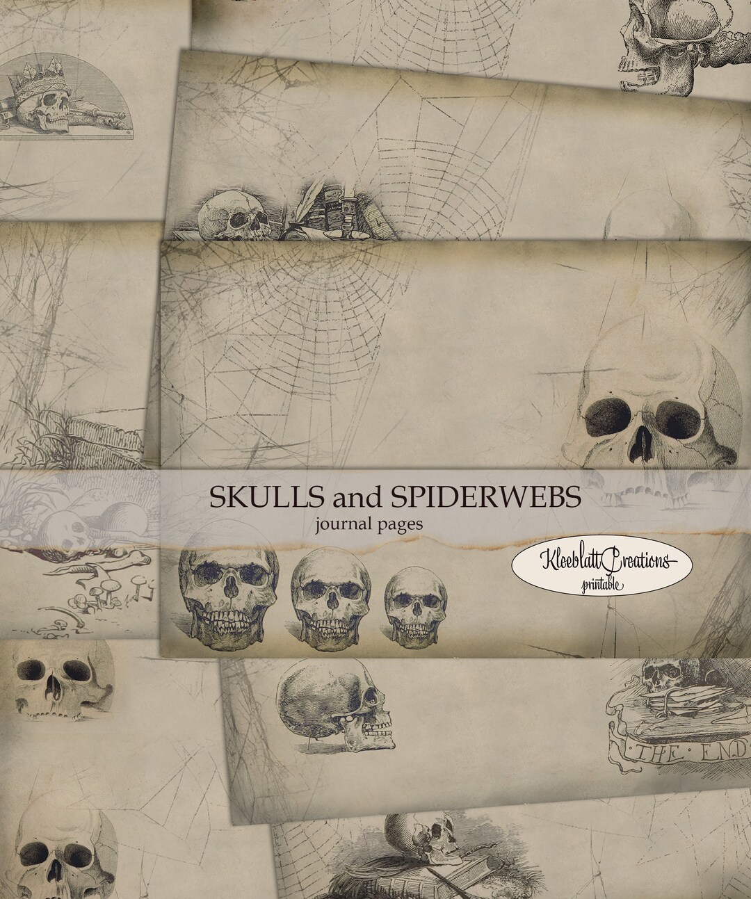 SKULLS and SPIDERWEBS Junk Journal Pages to Download, Halloween Paper ...