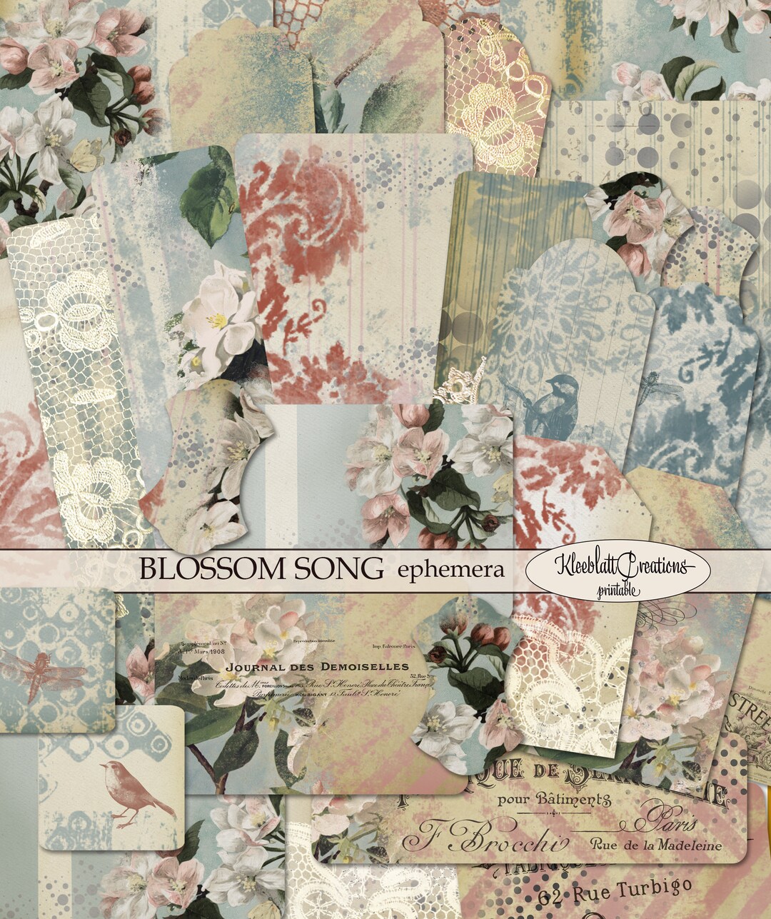 Vintage Ephemera Digital, Printable Scrapbook Paper, Floral Digital ...