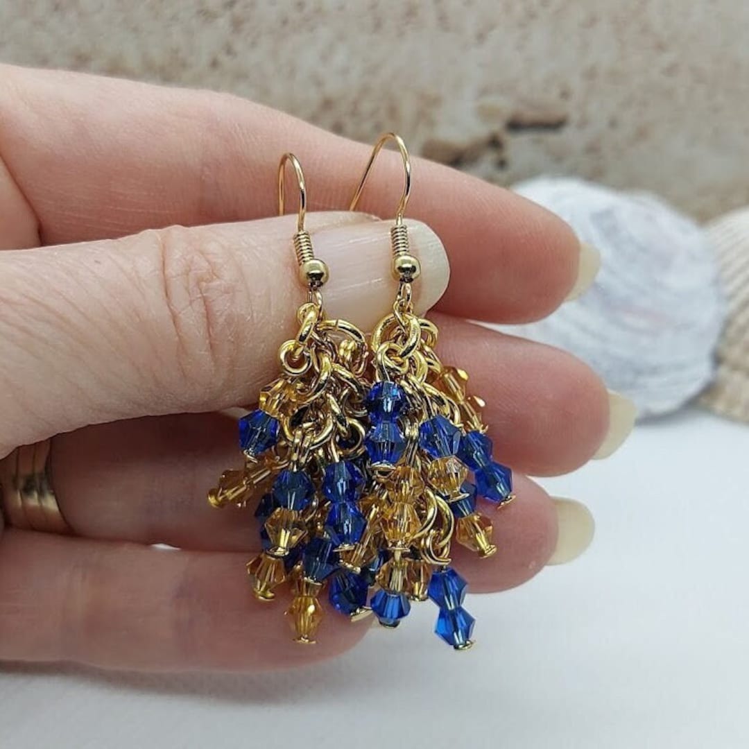 Sapphire & Topaz Gold Crystal Bicone Cluster Earrings, Crystal Beaded ...