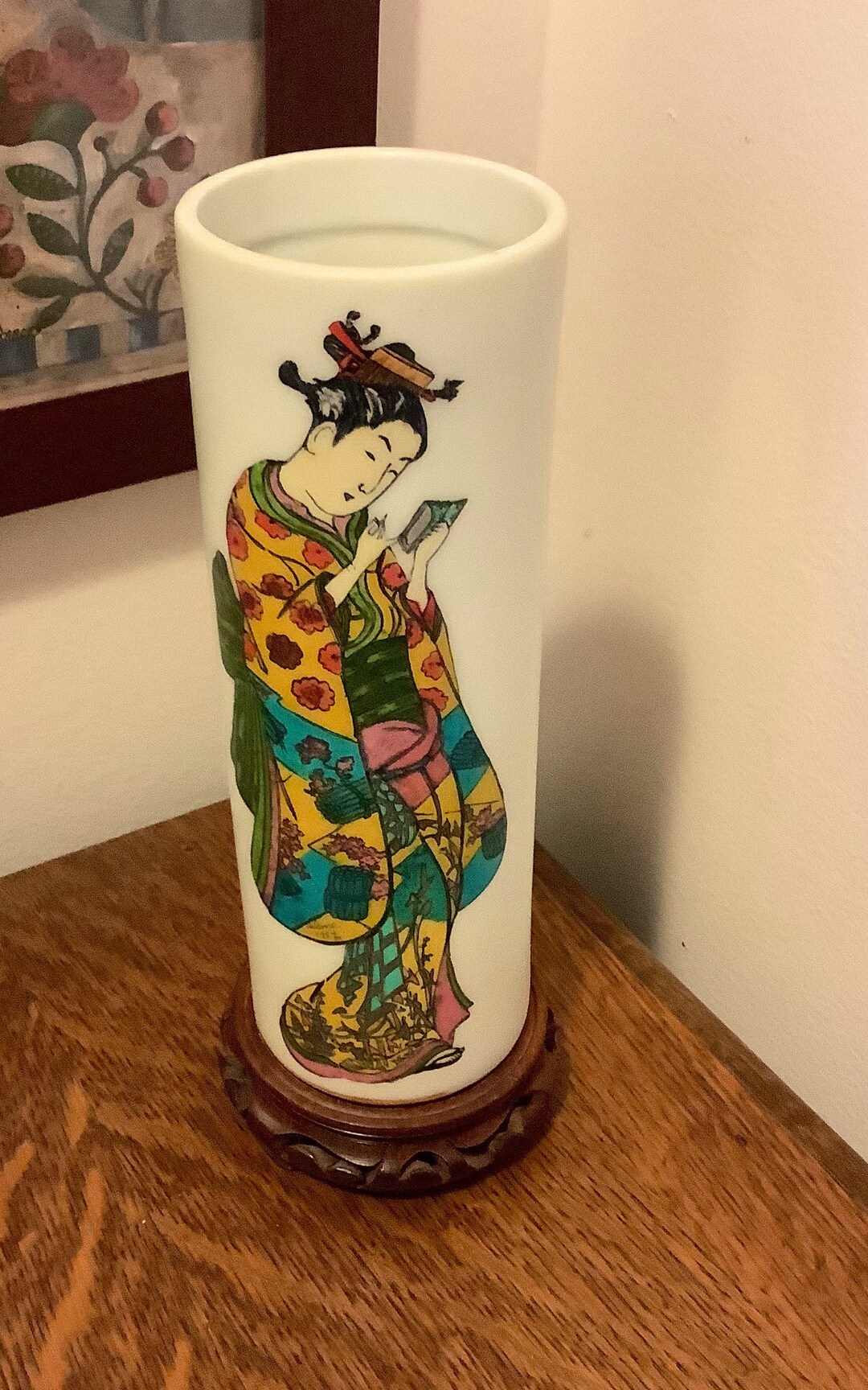 Vintage Geisha Girl Porcelain Cylinder Vase With Wood Stand - Etsy
