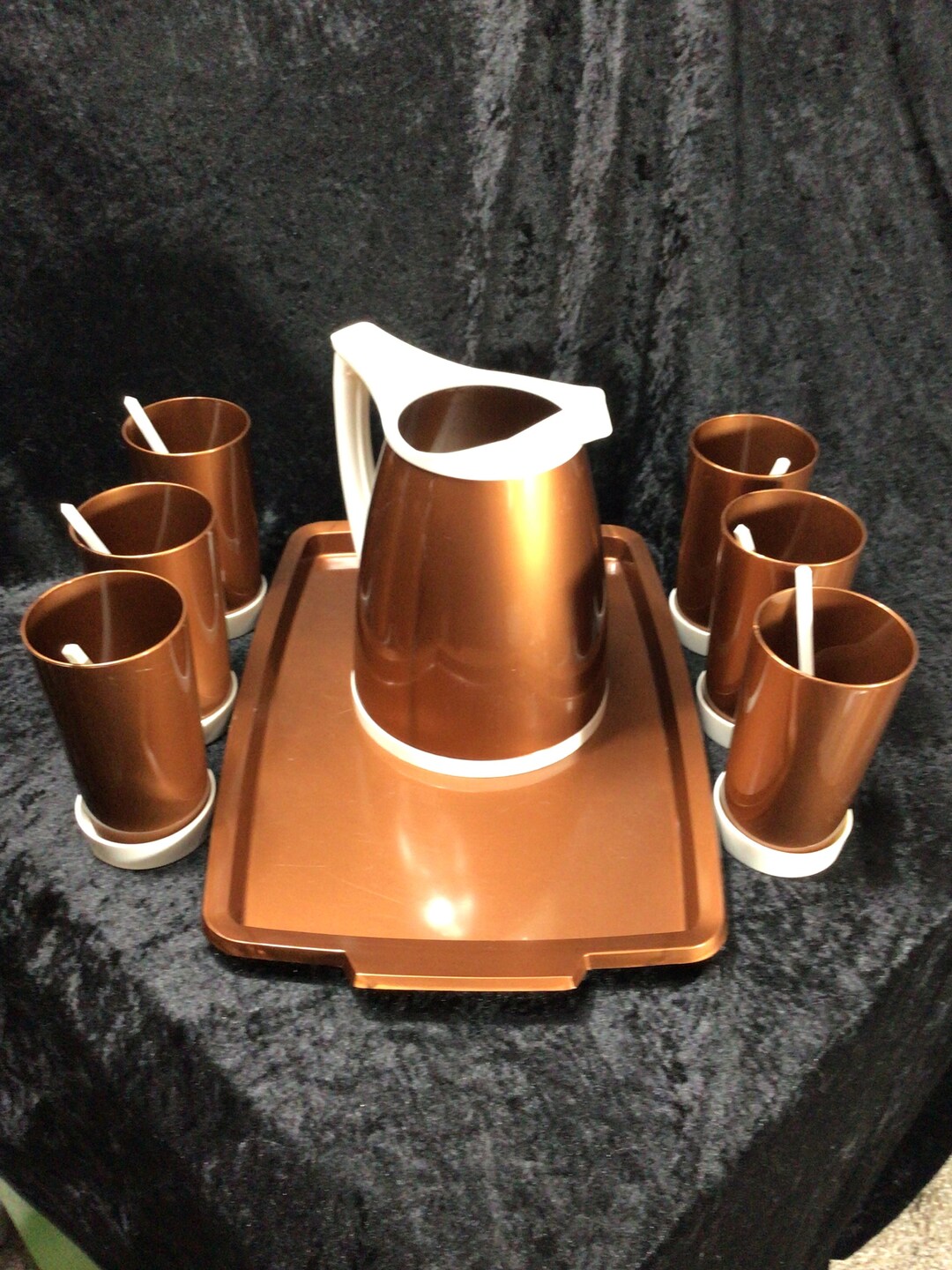 Mid Century Modern Gold White Pitcher 6 Tumblers With Tray, Coasters ...