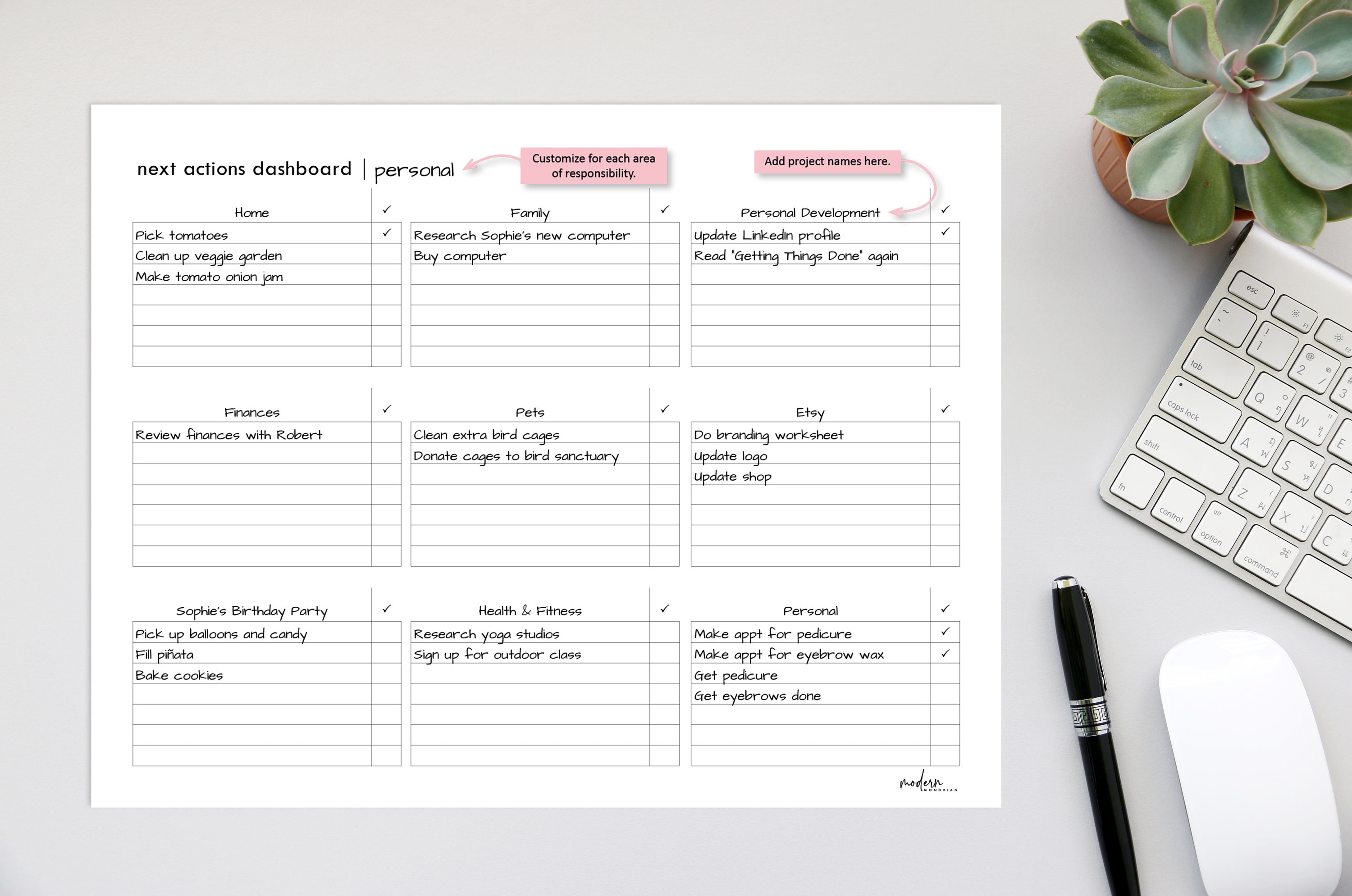 Next Action Dashboard, Next Actions, Printable, to Do List, Getting ...