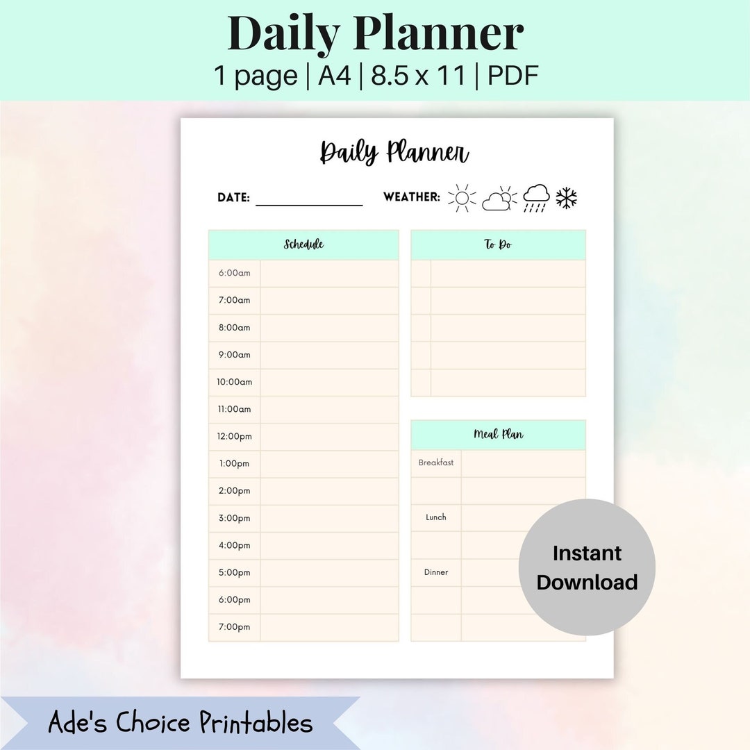 Printable Daily Planner, Undated Daily Planner Download, Single Page ...