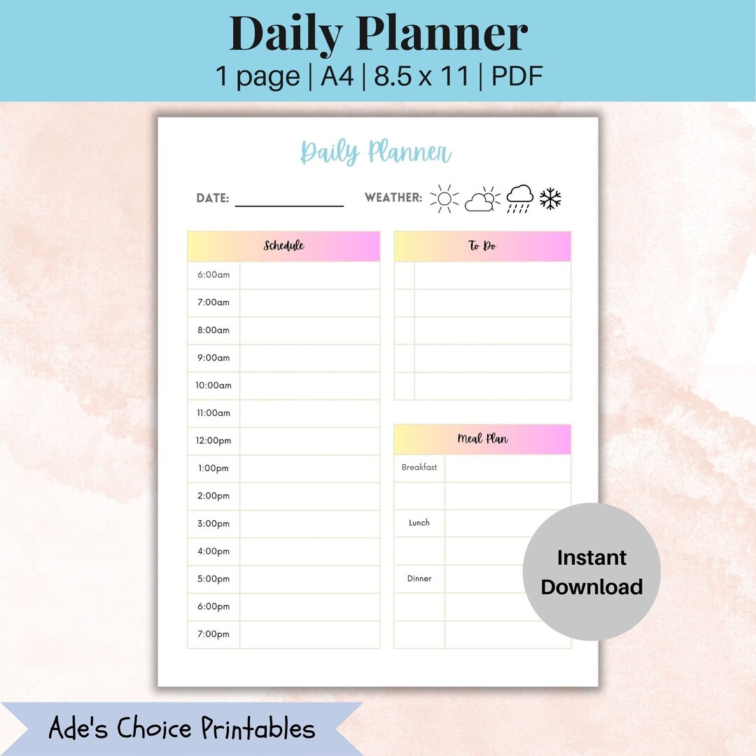 Printable Daily Planner, Day Planner Download, Single Page Planner ...
