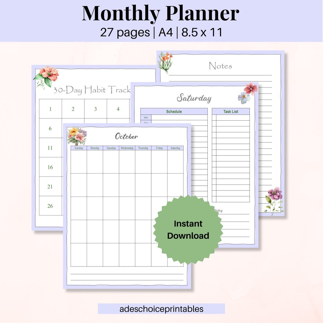 Printable Undated Monthly Planner | A4 | 8.5x11 | PDF | Purple ...