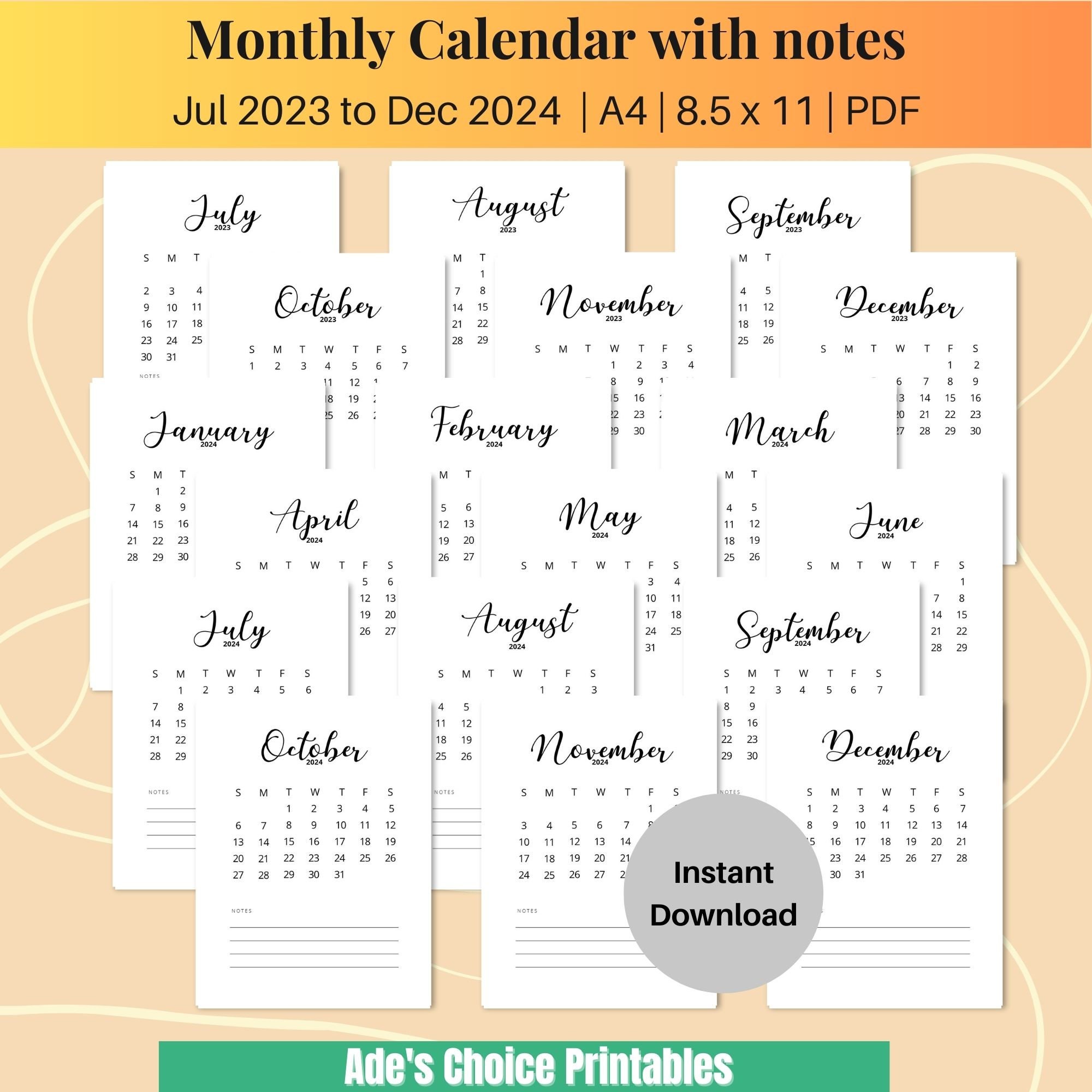 Printable 2023-2024 Calendar 18-month Calendar Printable - Etsy
