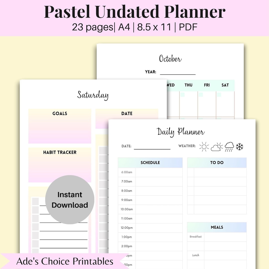 Undated Planner Printable, Monthly PDF, Planner Download, Single Page ...