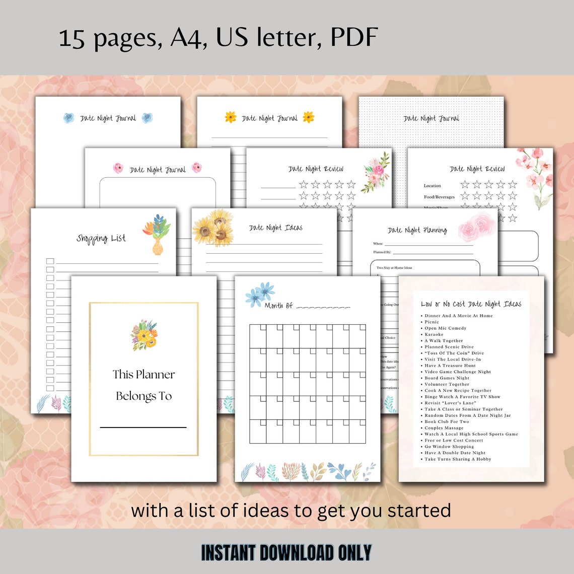 Date Night Planner Printable, Budget Date Night Ideas, Undated Monthly ...