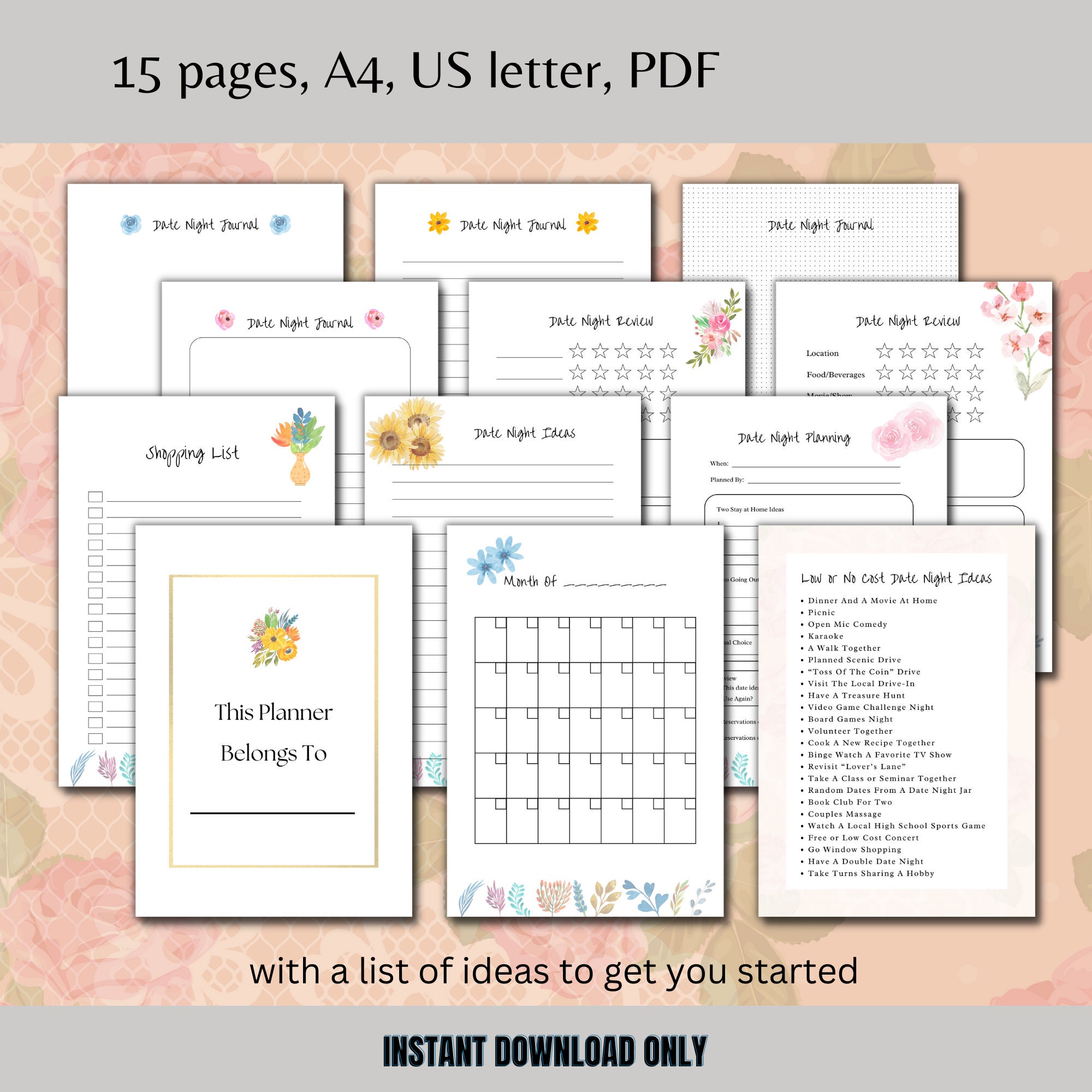 Date Night Planner Printable, Budget Date Night Ideas, Undated Monthly ...