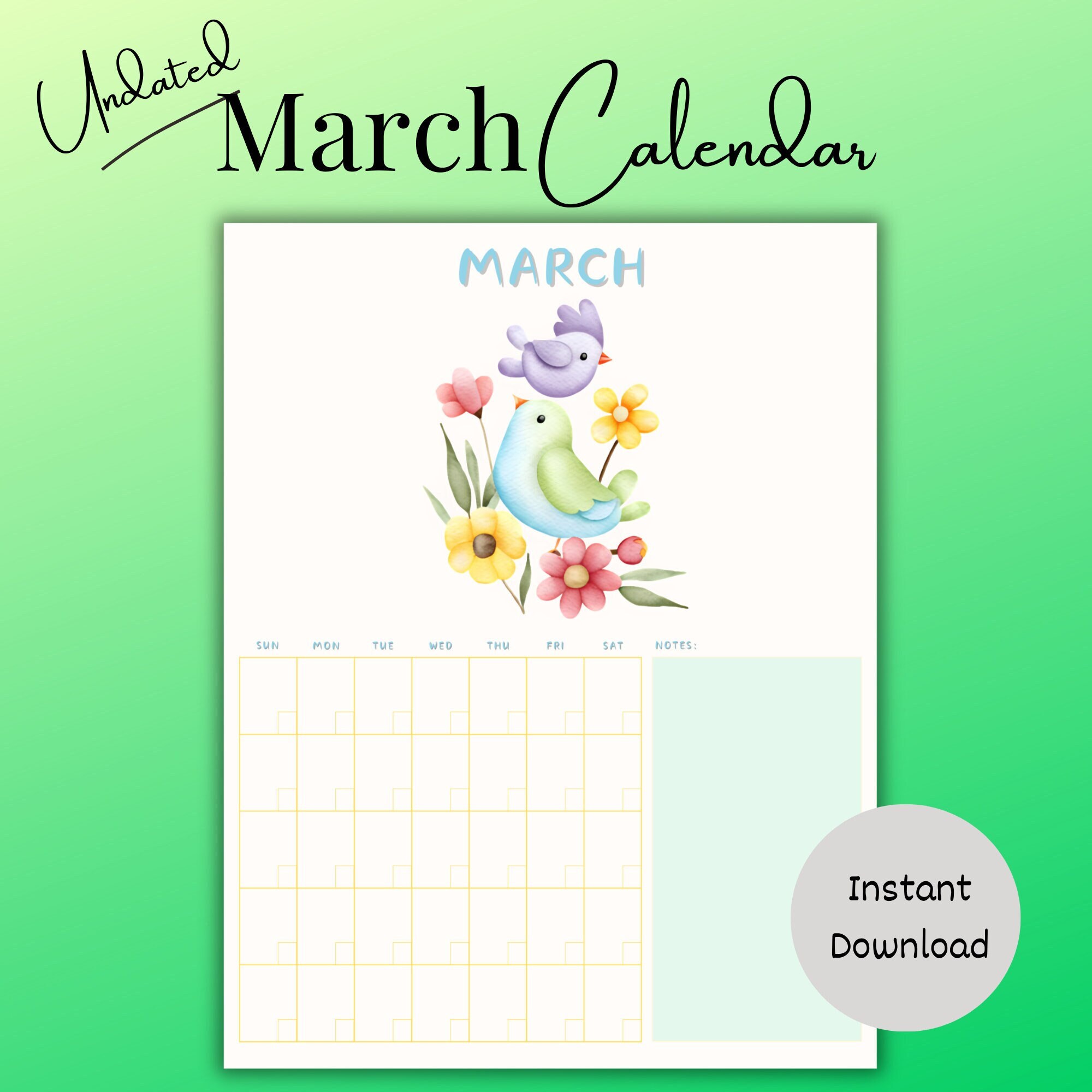 Blank Monthly Calendar Printable, MARCH ONLY, No Dates, Sunday Start ...