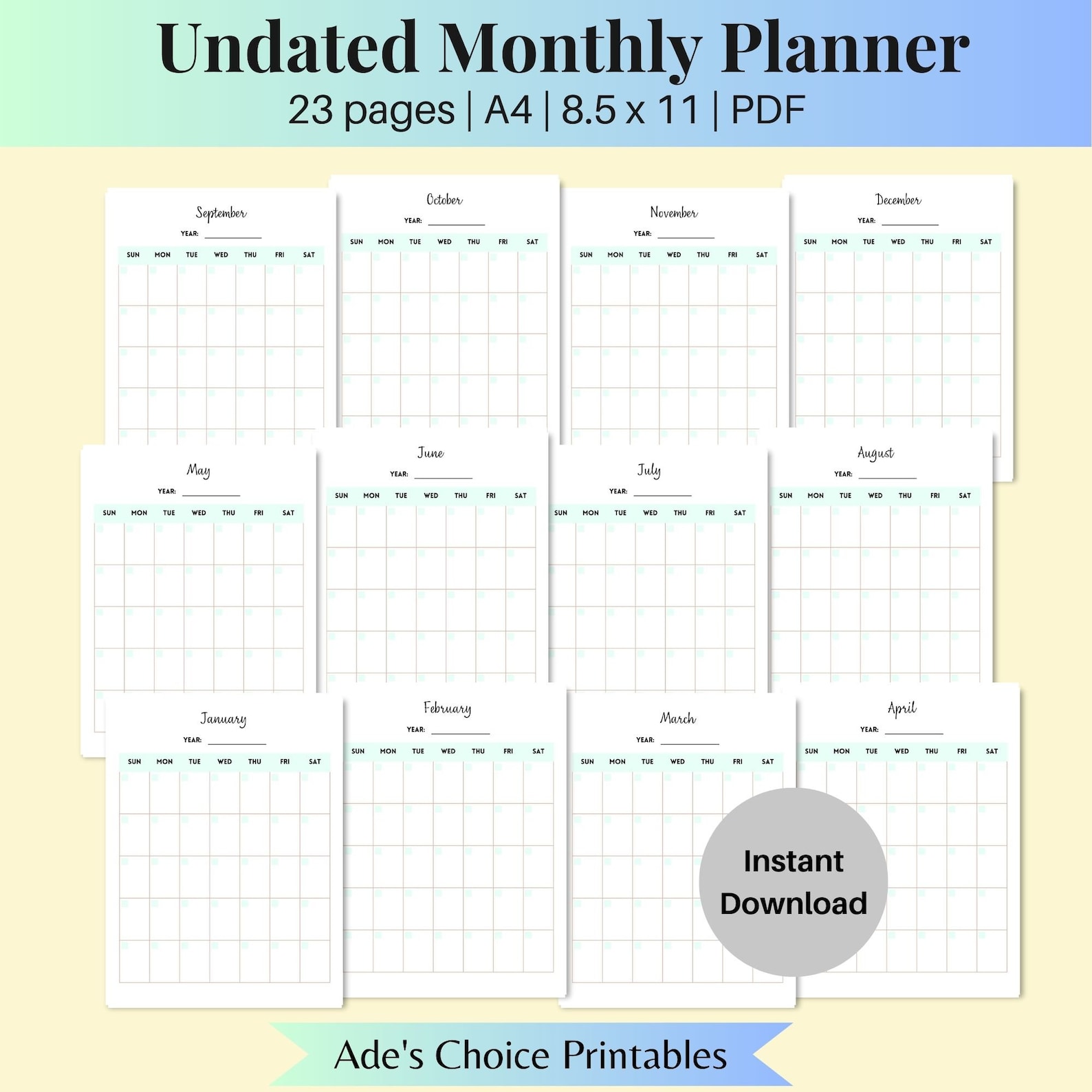 Undated Planner Printable, Monthly PDF, Planner Download, Single Page ...