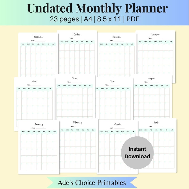 Undated Planner Printable, Monthly PDF, Planner Download, Single Page ...