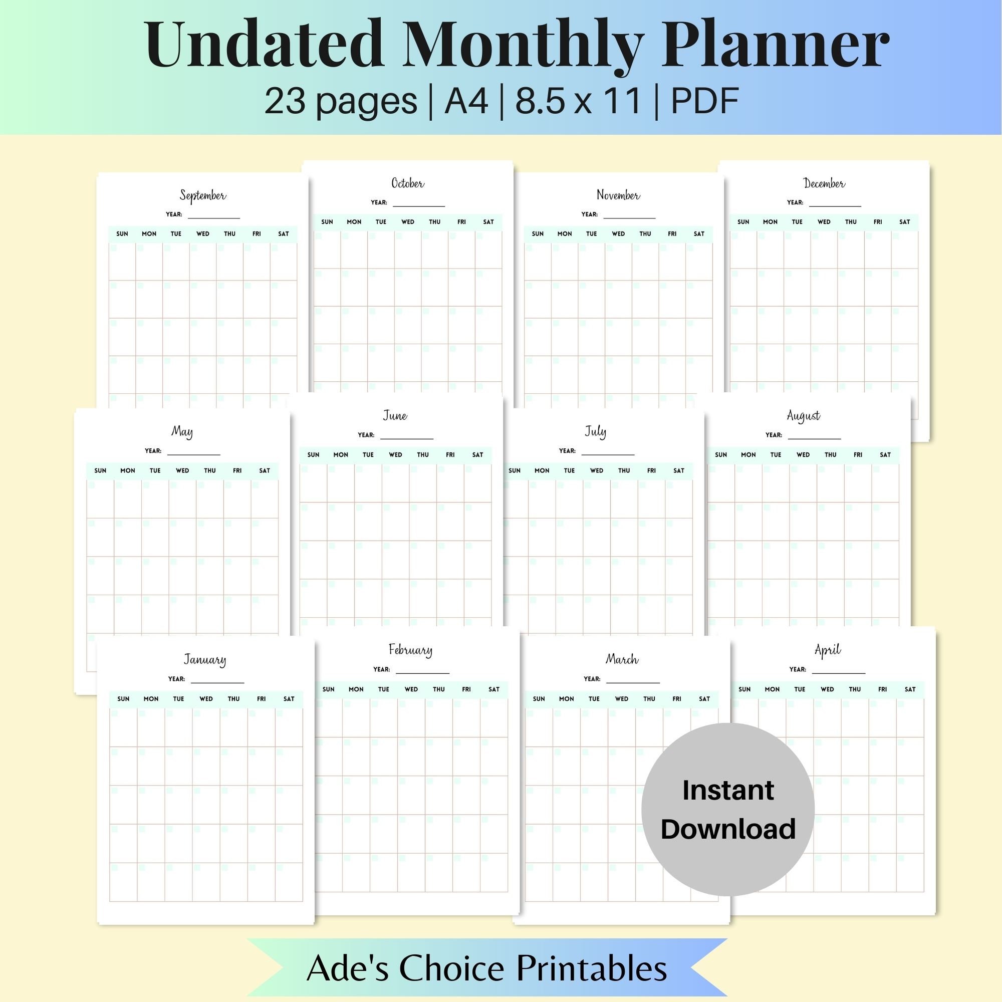 Undated Planner Printable, Monthly PDF, Planner Download, Single Page ...