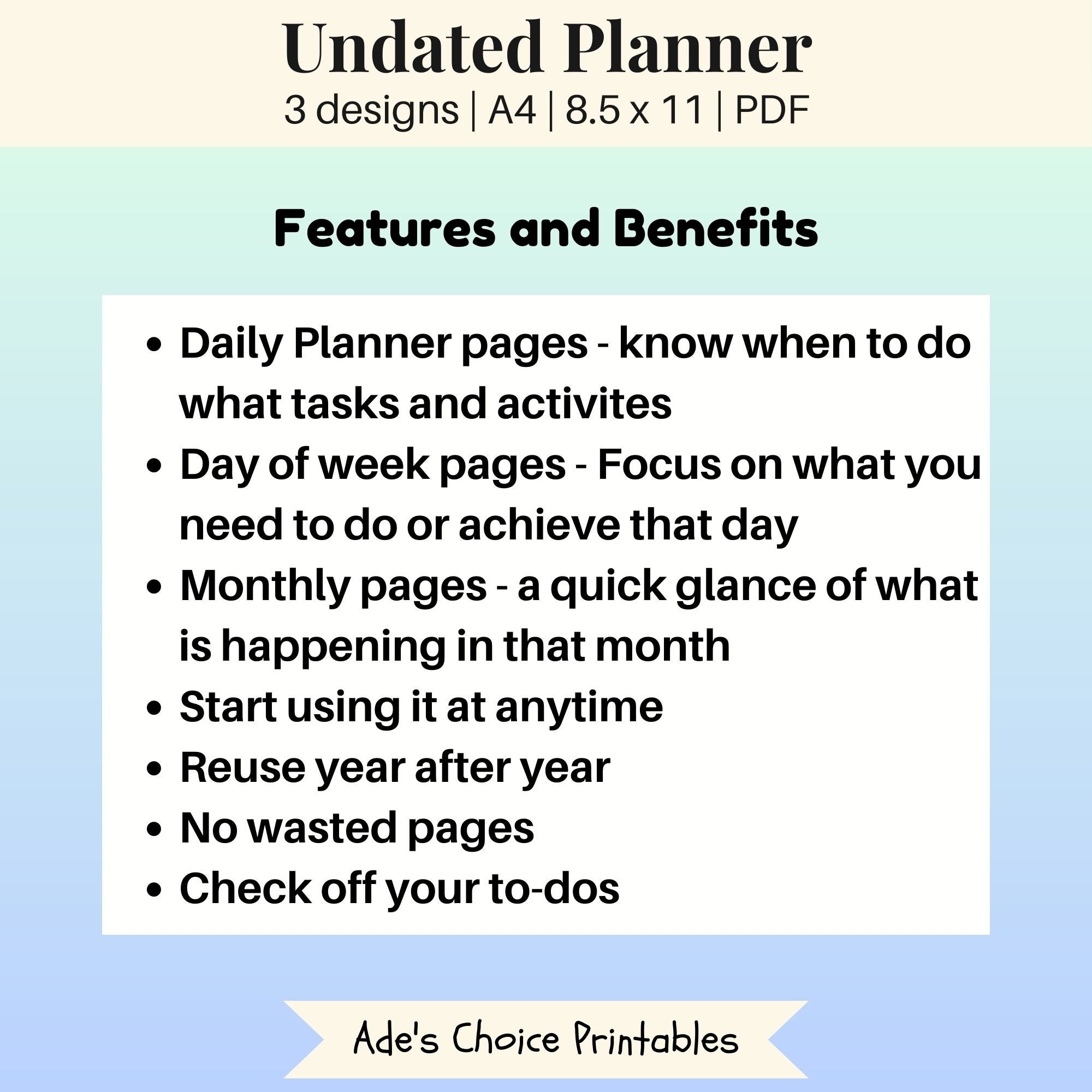 Undated Planner Printable, Monthly PDF, Planner Download, Single Page ...
