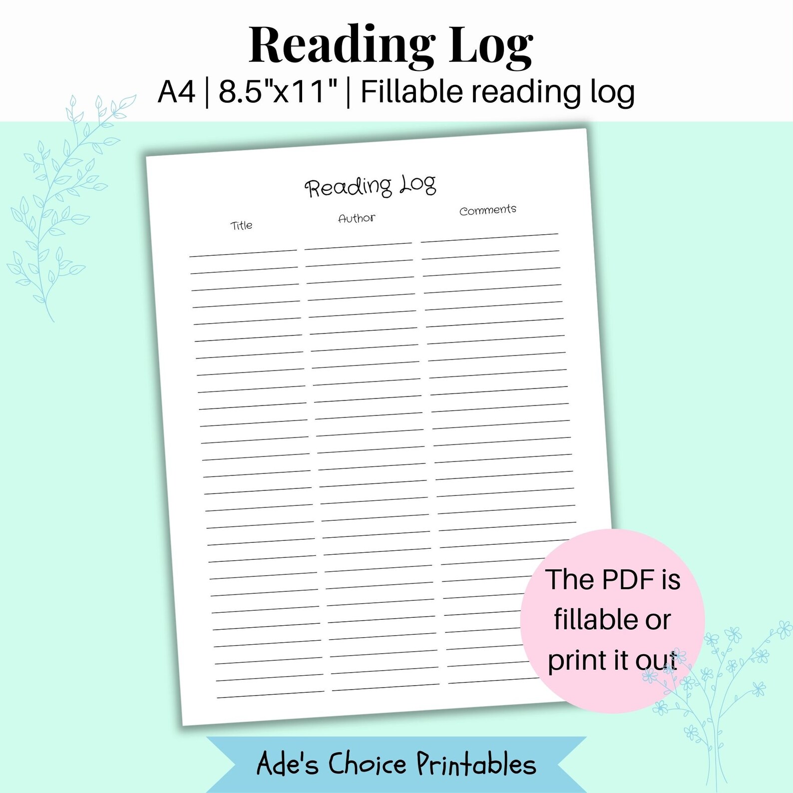 Printable Reading Tracker, Printable Reading Log, Fillable PDF ...