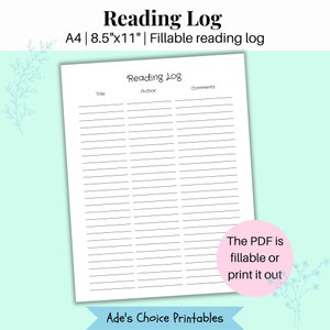 Printable Reading Tracker, Printable Reading Log, Fillable PDF ...