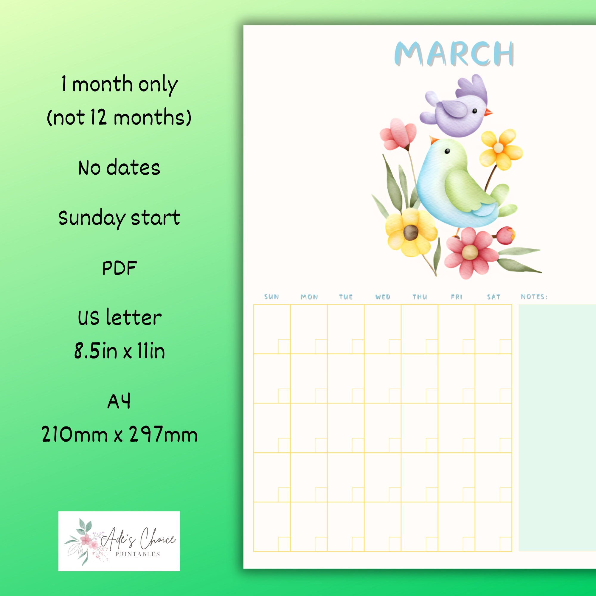 Blank Monthly Calendar Printable, MARCH ONLY, No Dates, Sunday Start ...