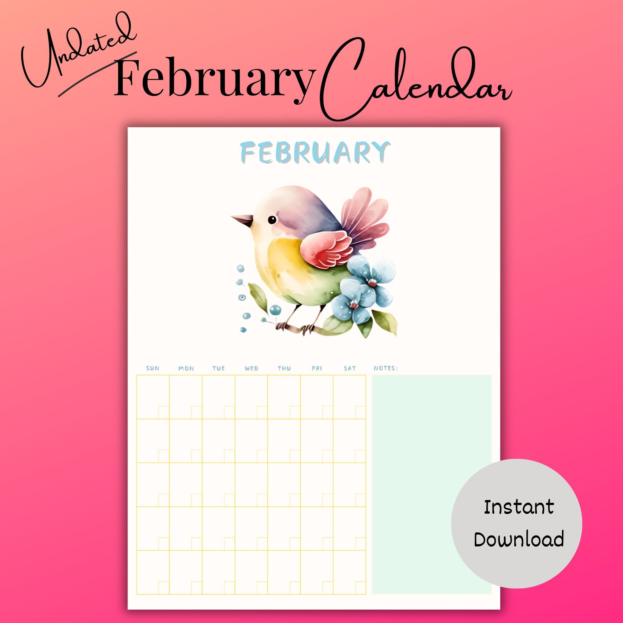 Undated Monthly Calendar Printable, FEBRUARY ONLY, No Dates, Sunday ...