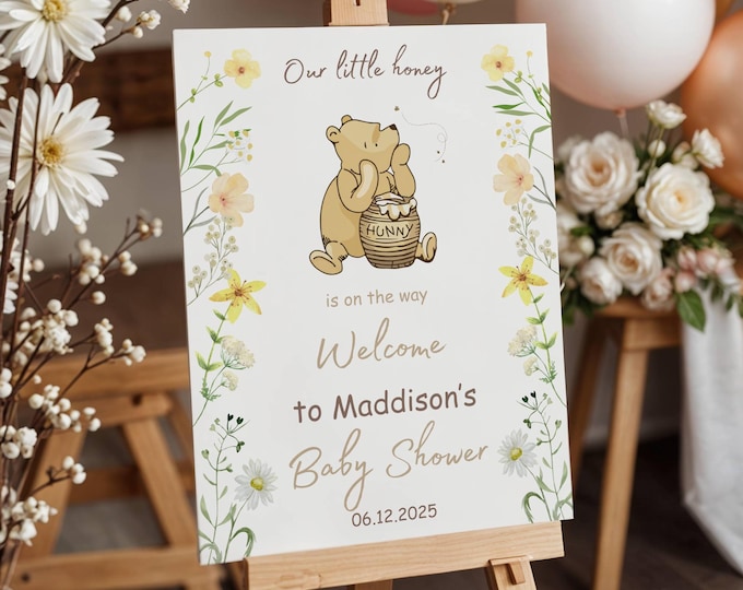 Winnie the Pooh Baby Shower Welcome Sign: Watercolor Floral Decor ...