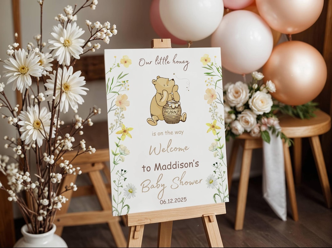 Winnie the Pooh Baby Shower Welcome Sign: Watercolor Floral Decor ...