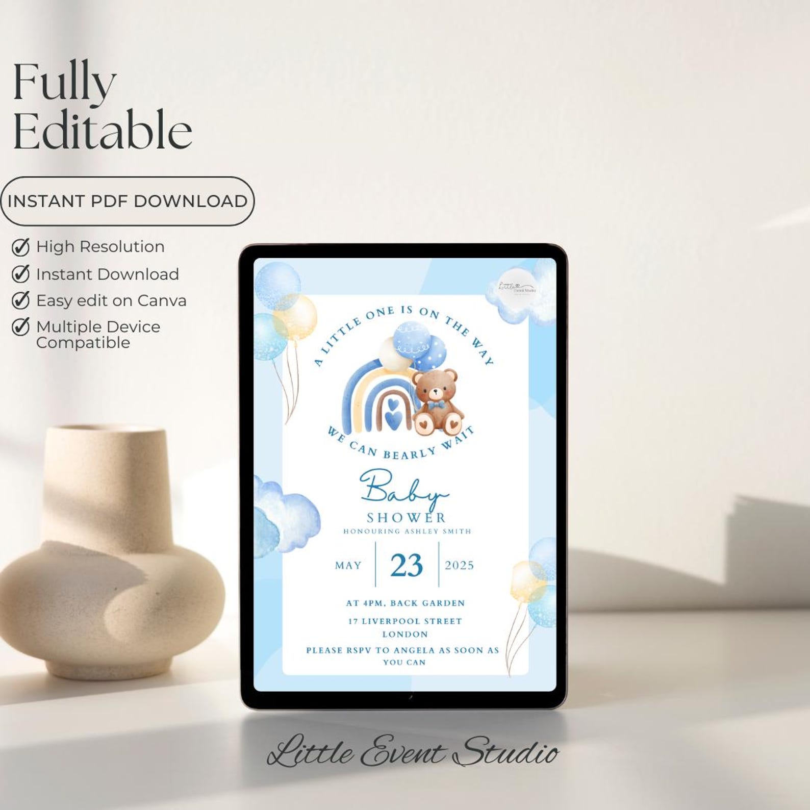 Bear-themed Baby Shower Invitation Customisable Baby Shower Invite Blue ...