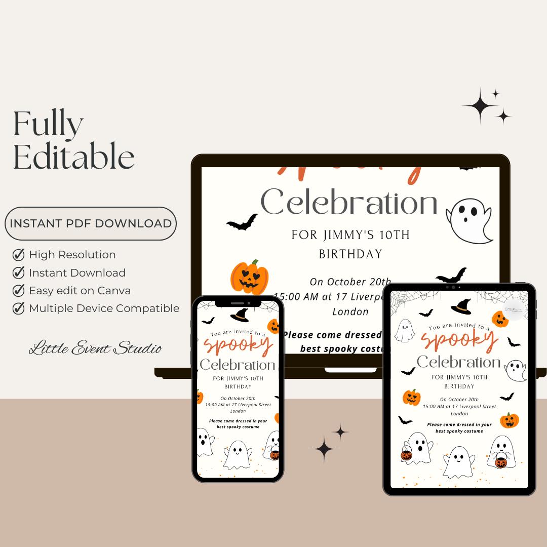 Editable Super Cute Spooky Halloween Ghost Birthday Invitation, Autumn ...
