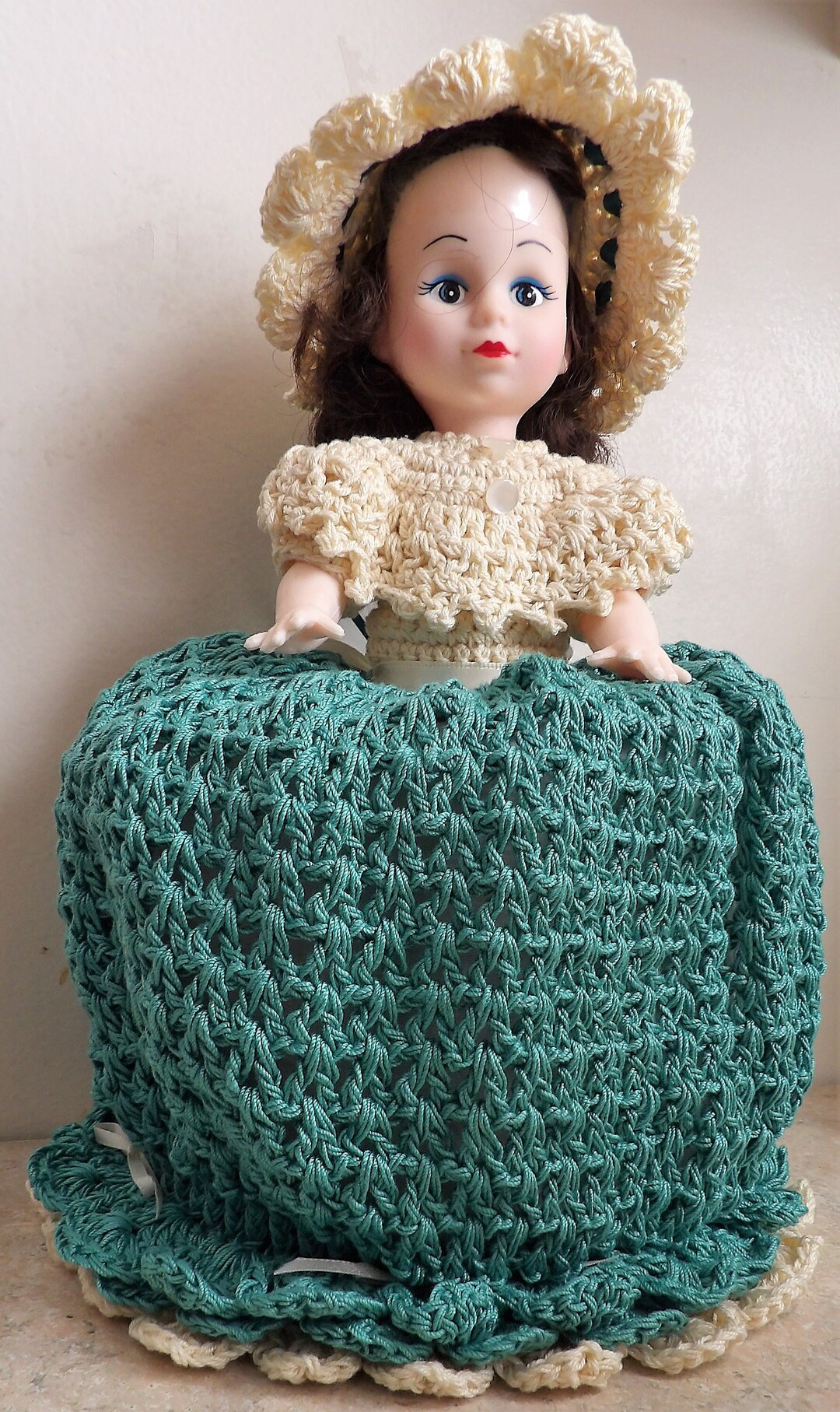 Hand Crocheted TOILET TISSUE DOLL Dress and Hat Teal & Ecru - Etsy