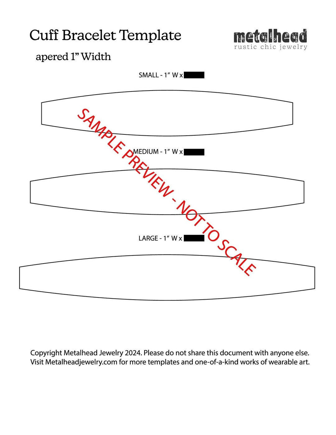 Cuff Bracelet Template 1" Width - Sizes Small, Medium, Large / Tapered ...