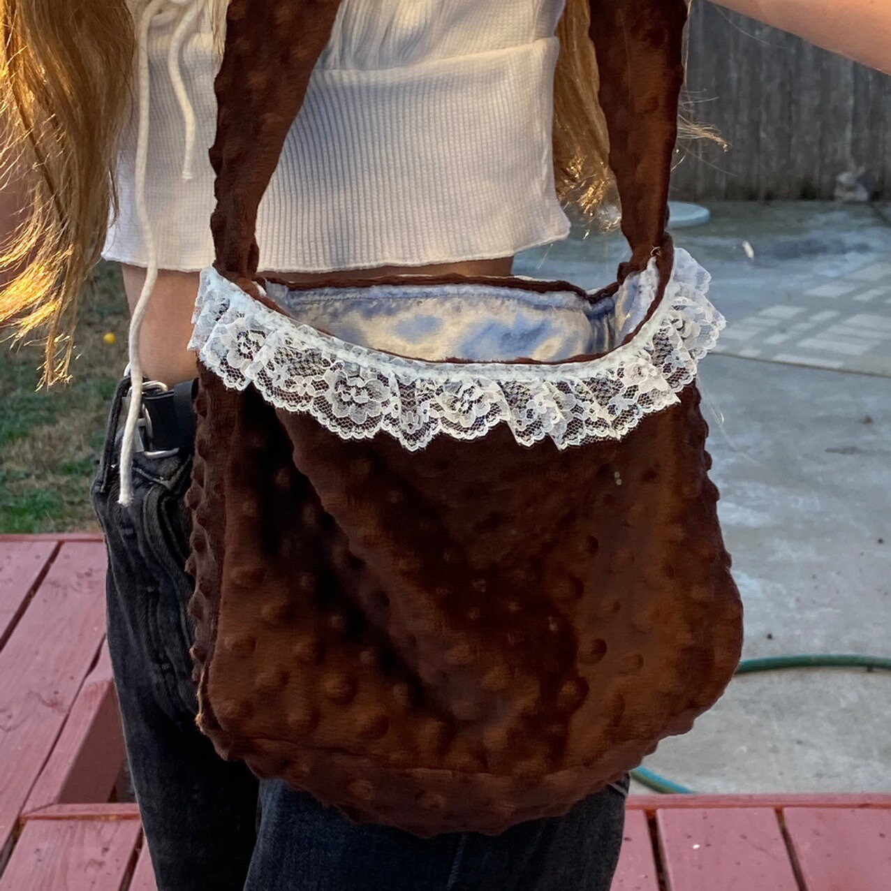 Handmade Brown Lace Fluffy Handbag With Blue Interior - Etsy