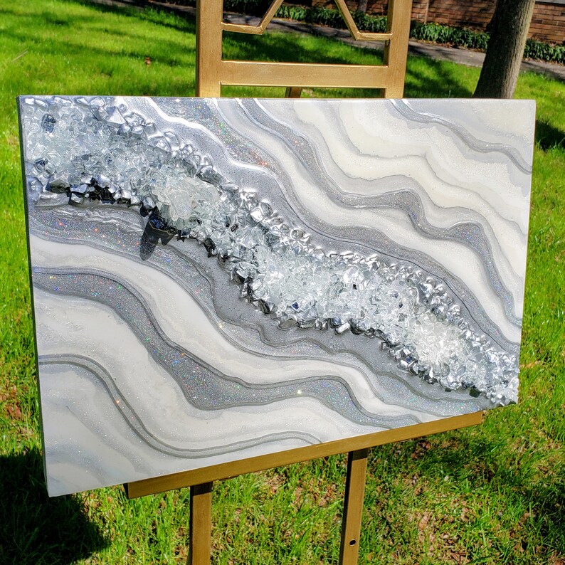 Silver Glitter Geode Painting / Geode Art / Geode Resin Art / Resin ...