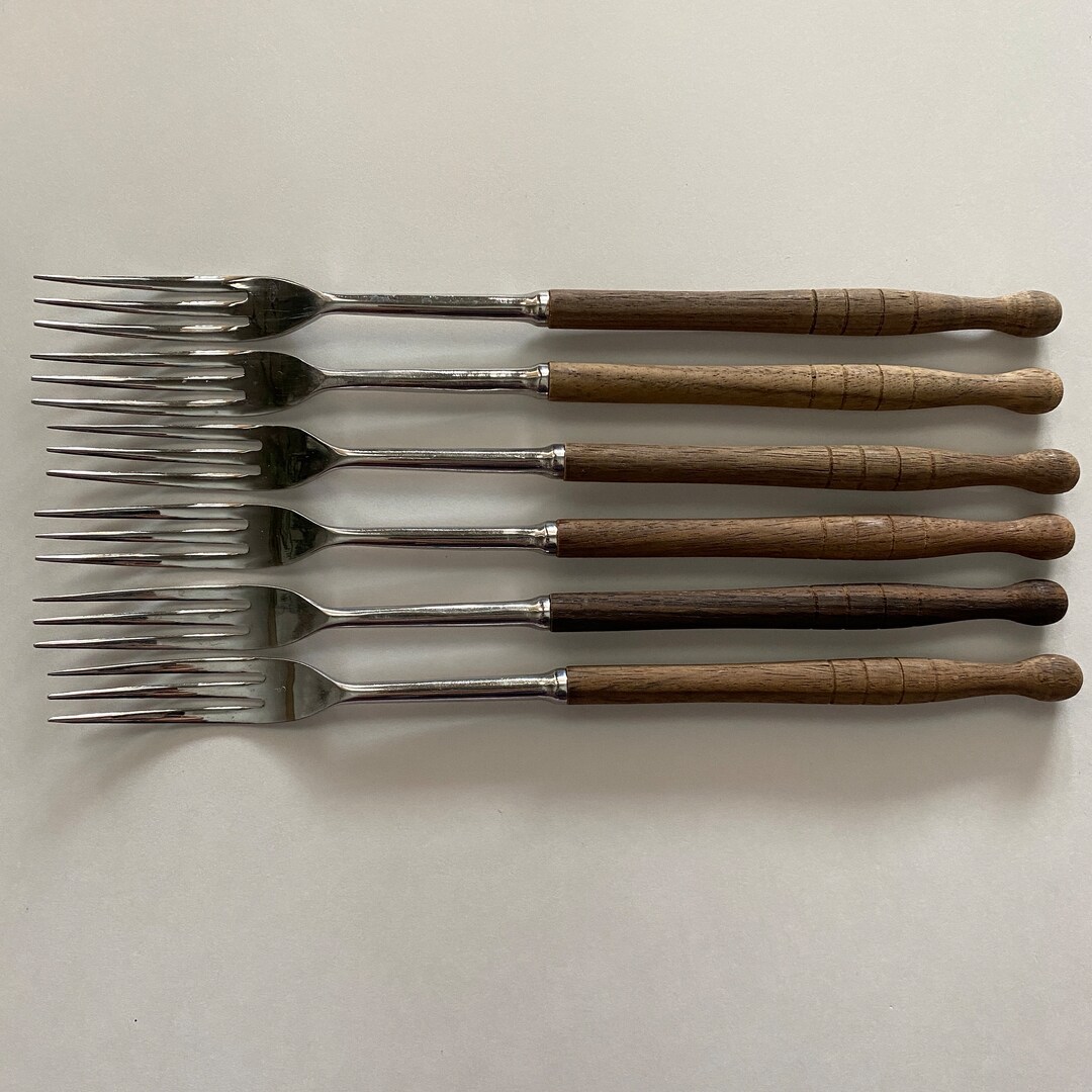 Rostfrei Fondue Forks Teak Wood Handle Set of 6 Vintage Utensils ...