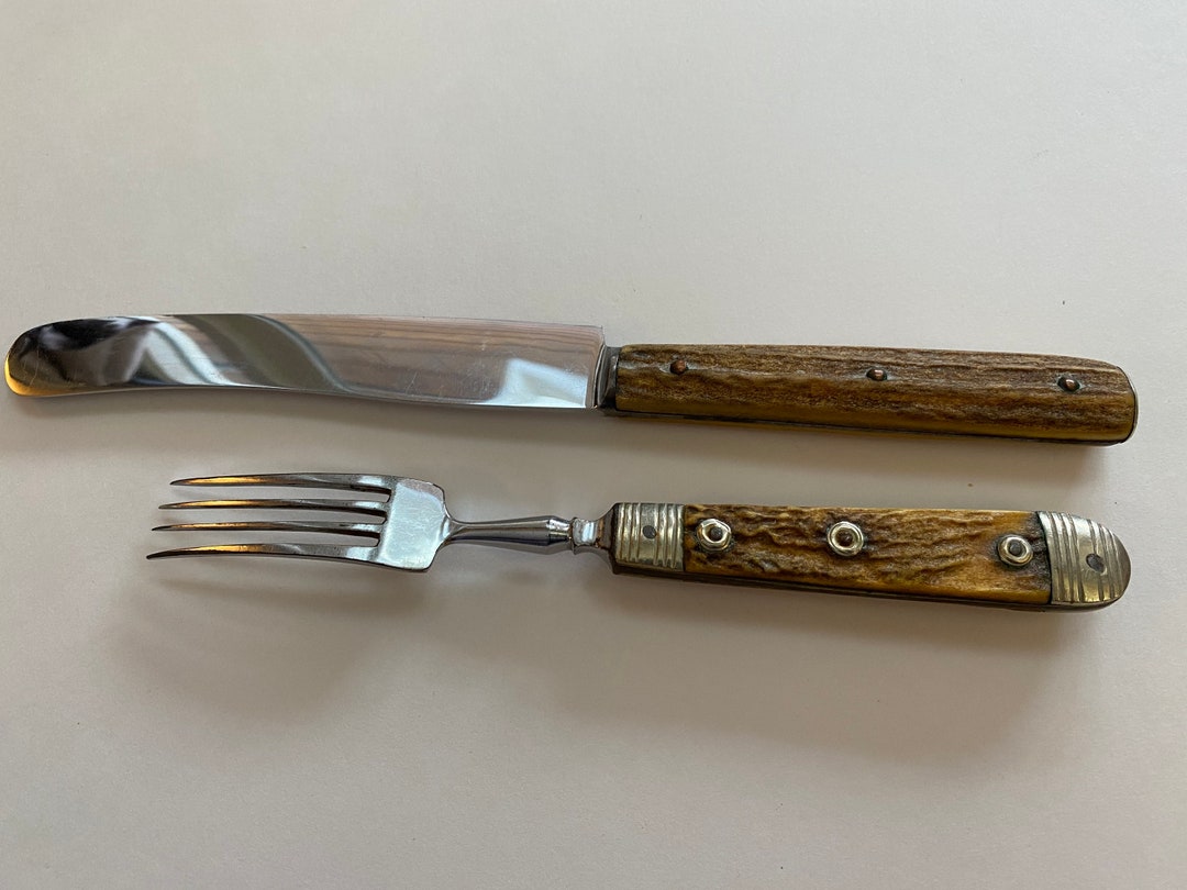 Knife and Fork Steel Brass and Antlers Handles Cutlery Rustic Cottage ...
