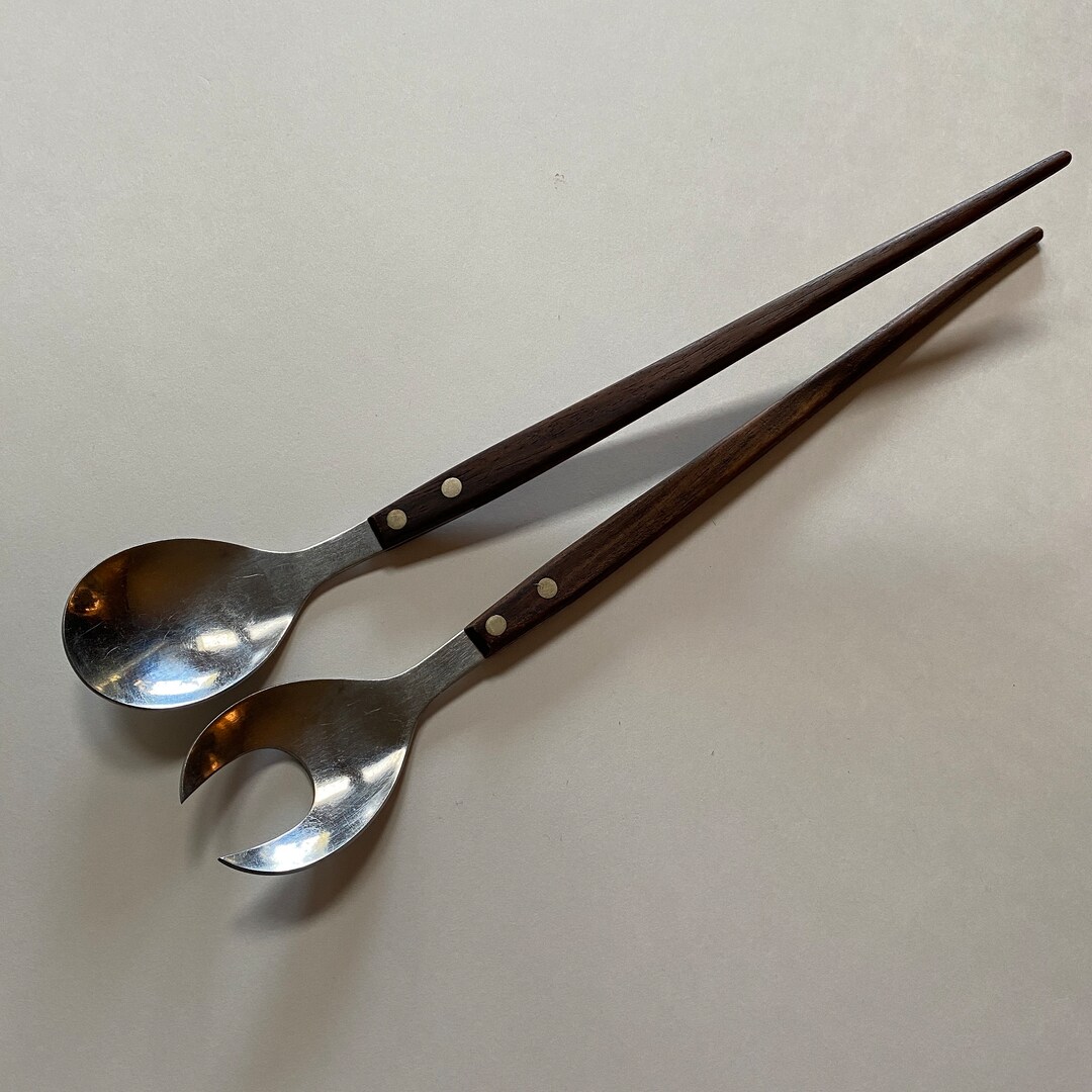 Teak Wood With Brass Rivets Salad Serving Tossing Metal Vintage ...