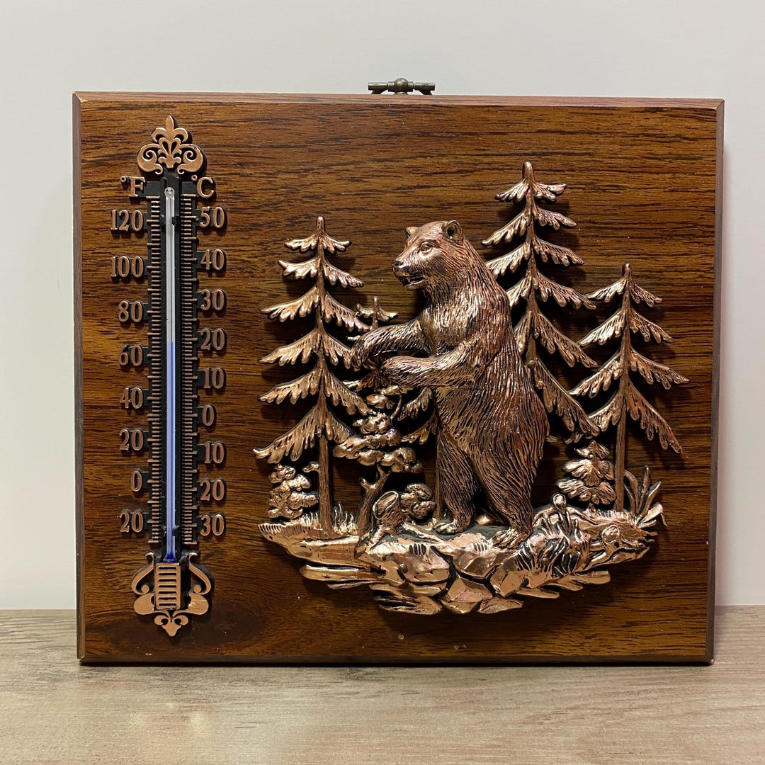 Vintage Wall Thermometer Faux Copper Bear and Forest Scene on Wood-look ...