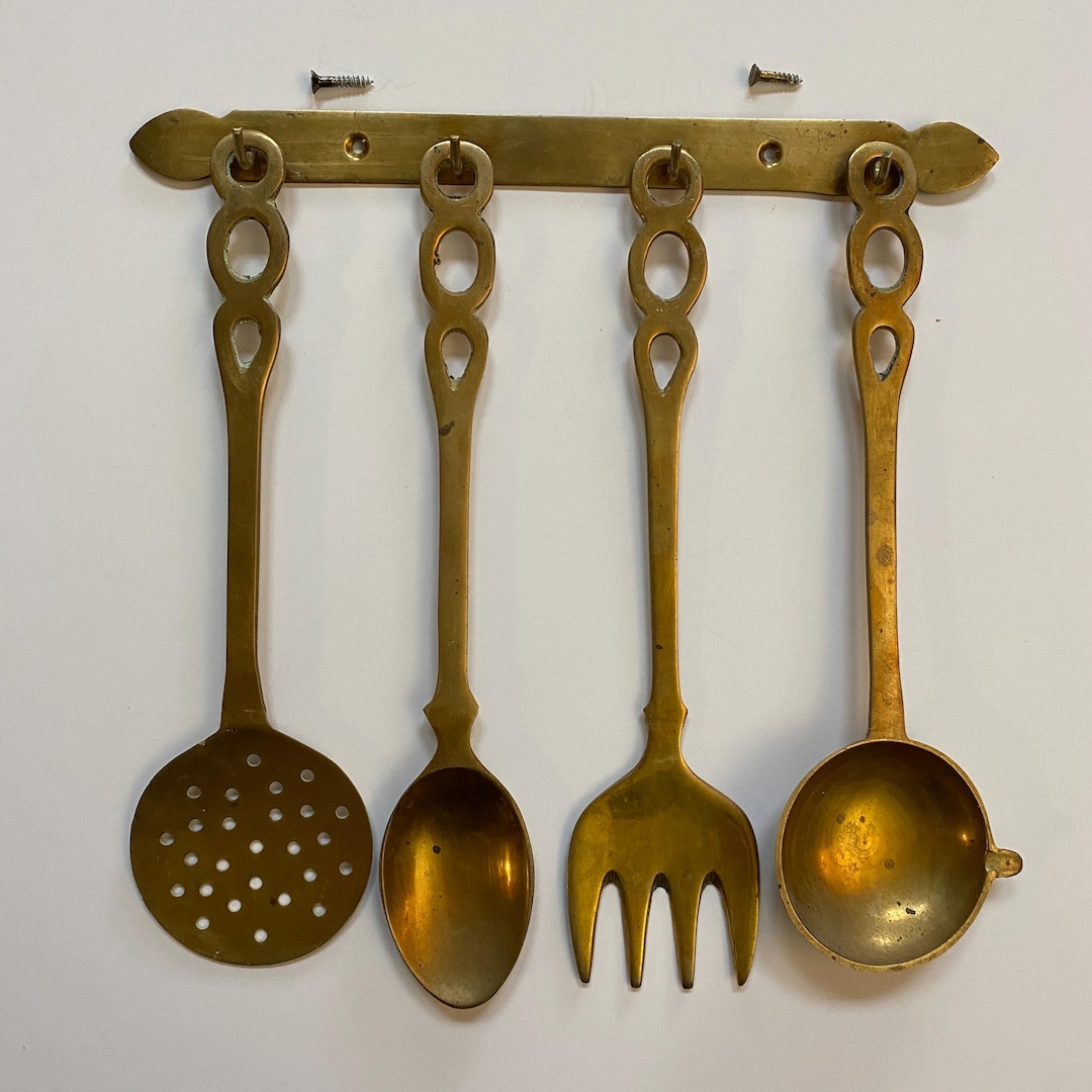 Solid Brass Kitchen Utensil and Hanging Rack 5 Piece Set Vintage Home ...