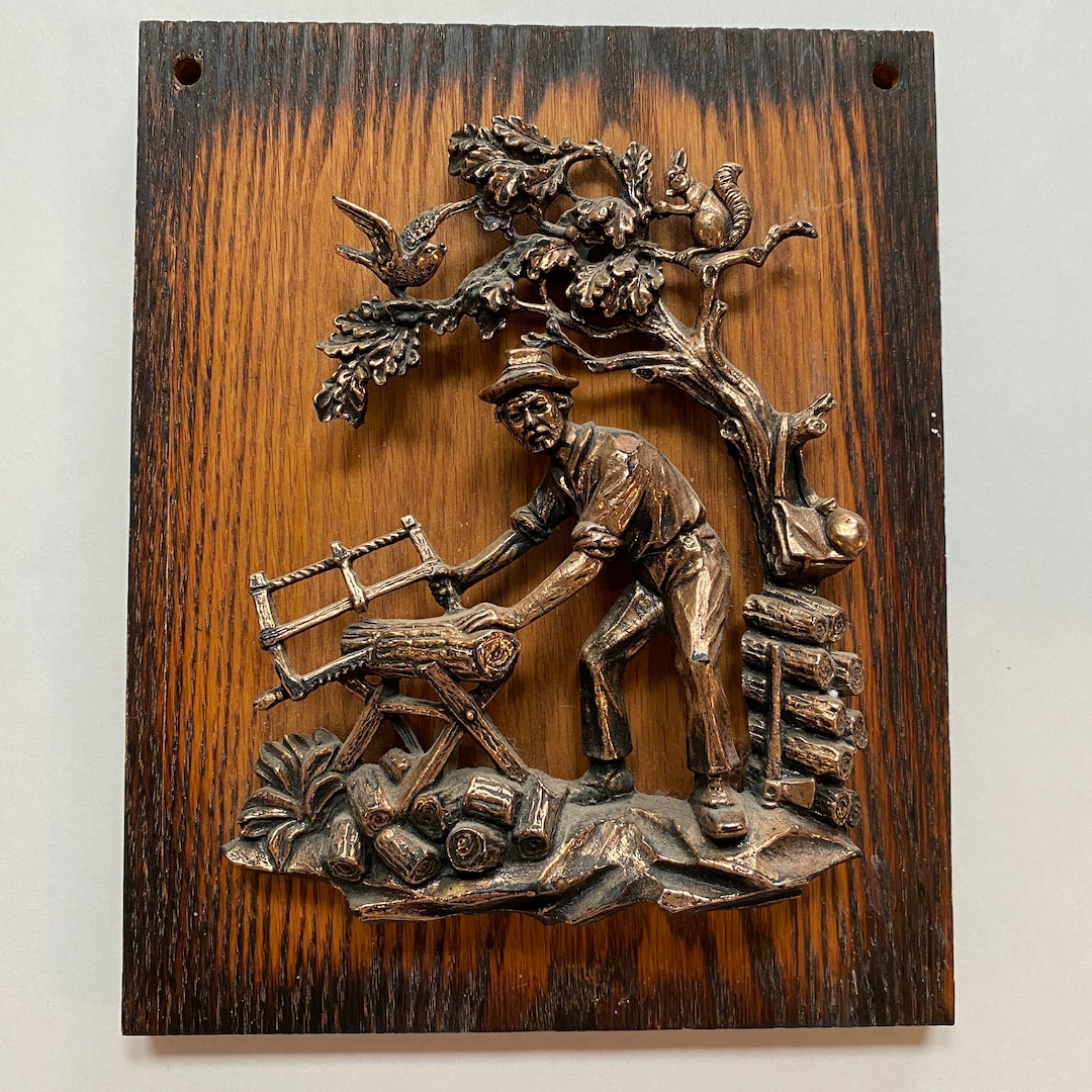 A&F Man Cutting Firewood Woodland Wood Burned Plaque Copper Toned ...