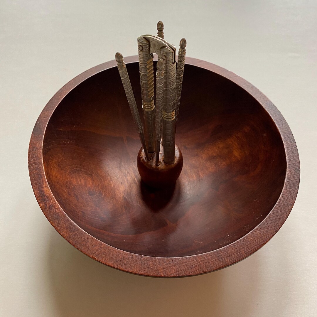 Baribocraft Teak Dark Wood Nut Bowl With Crackers and Picks Complete ...