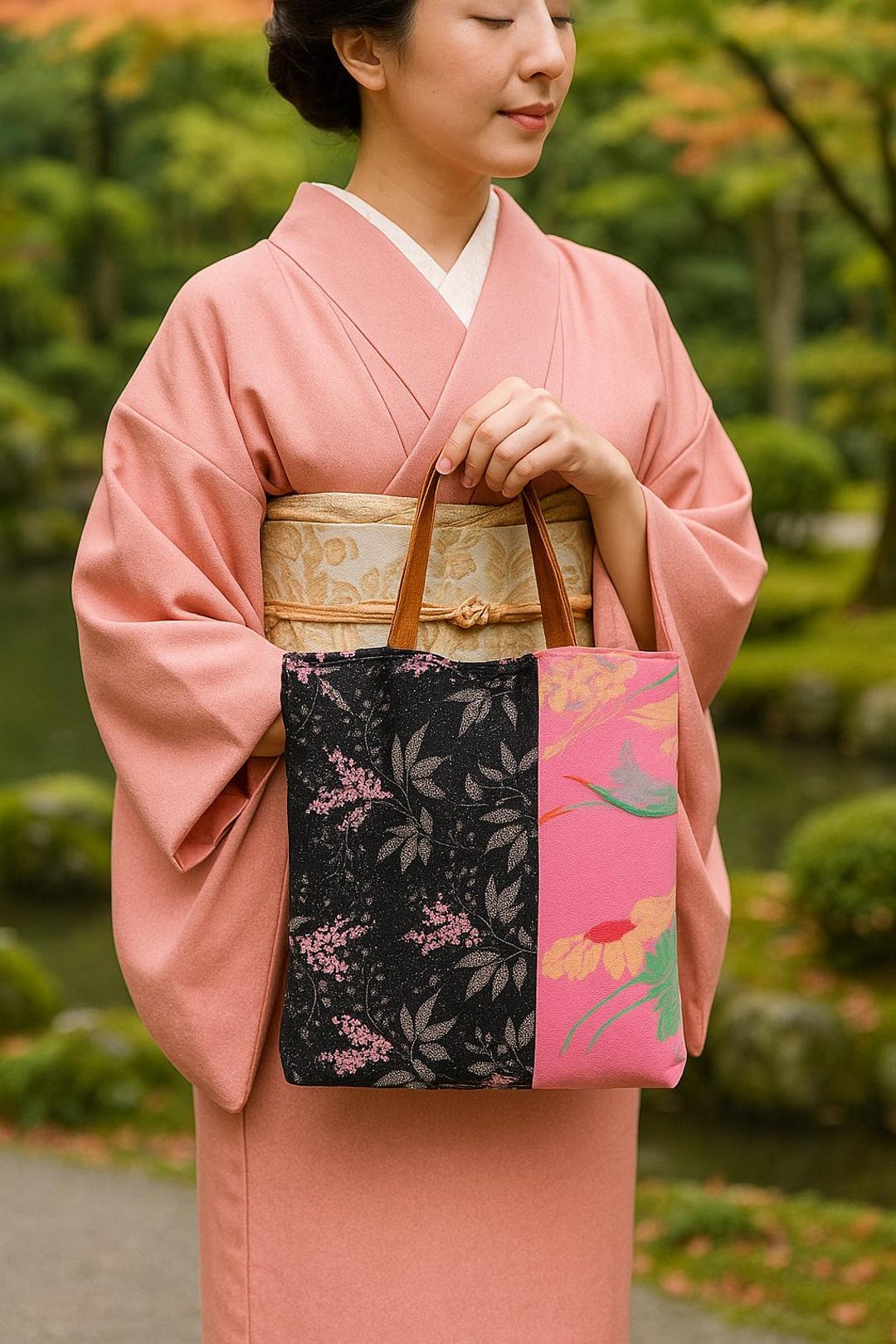 Handmade Kimono Tote Bag, Japanese Silk Obi & Kimono Fabric, Reversible ...