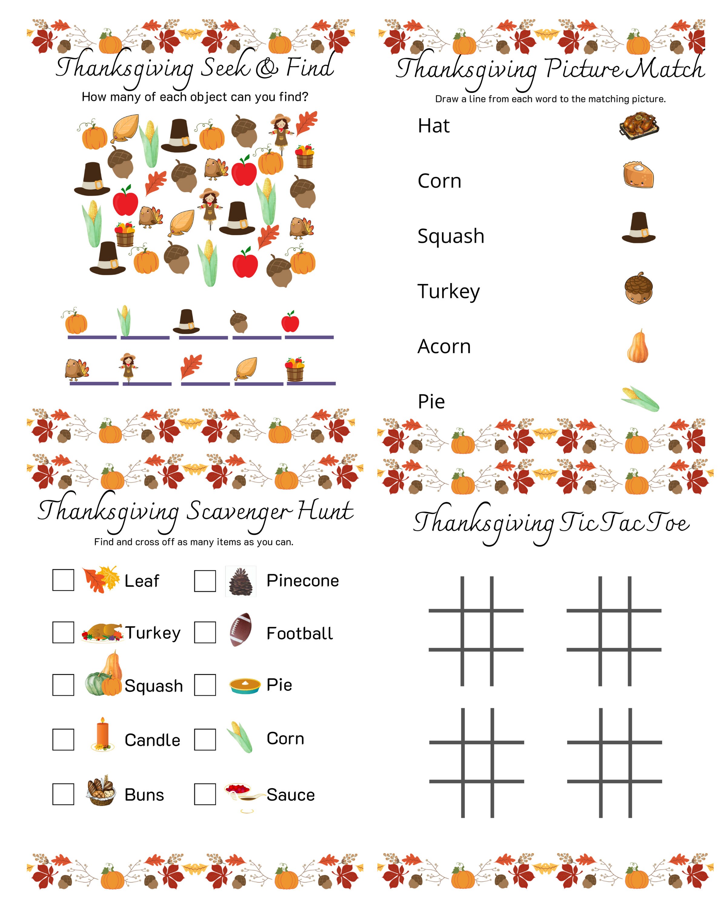 Thanksgiving Kids Bundle Tic Tac Toe Seek and Find - Etsy UK