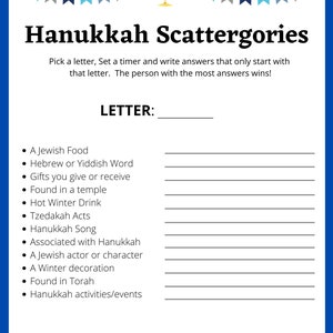 Hanukkah Scattergories, Scattergories, Hanukkah Party Games, Hanukkah ...