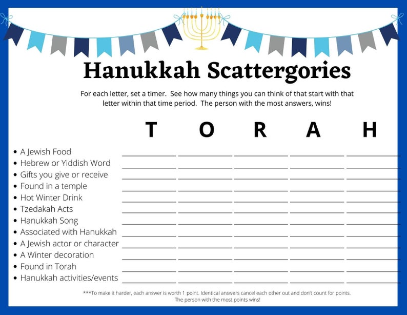 Hanukkah Scattergories, Scattergories, Hanukkah Party Games, Hanukkah ...